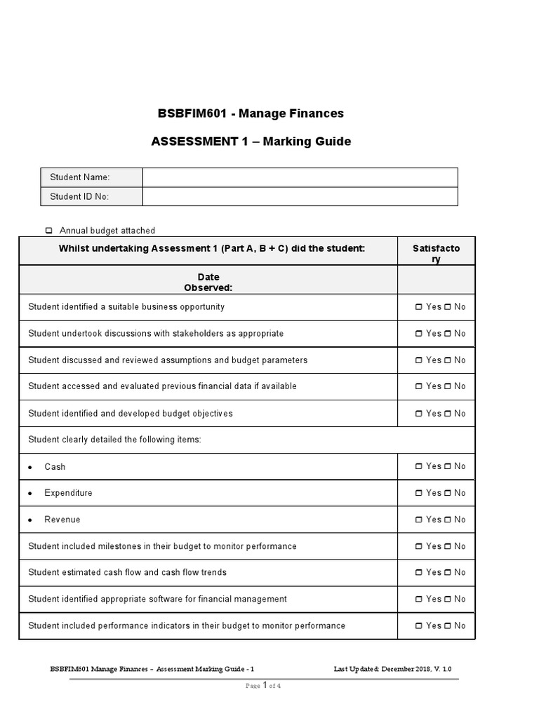 BSBFIM601 - Manage Finances ASSESSMENT 1 - Marking Guide | PDF | Budget | Accounting