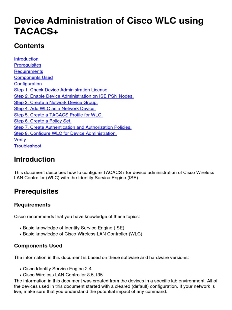Device Administration of Cisco WLC Using Tacacs+: Requirements | PDF | Computer Network ...