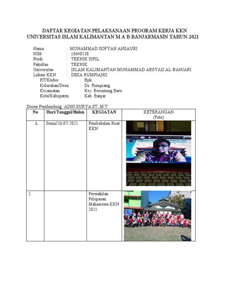 Contoh Logbook KKN Uniska 1 | PDF
