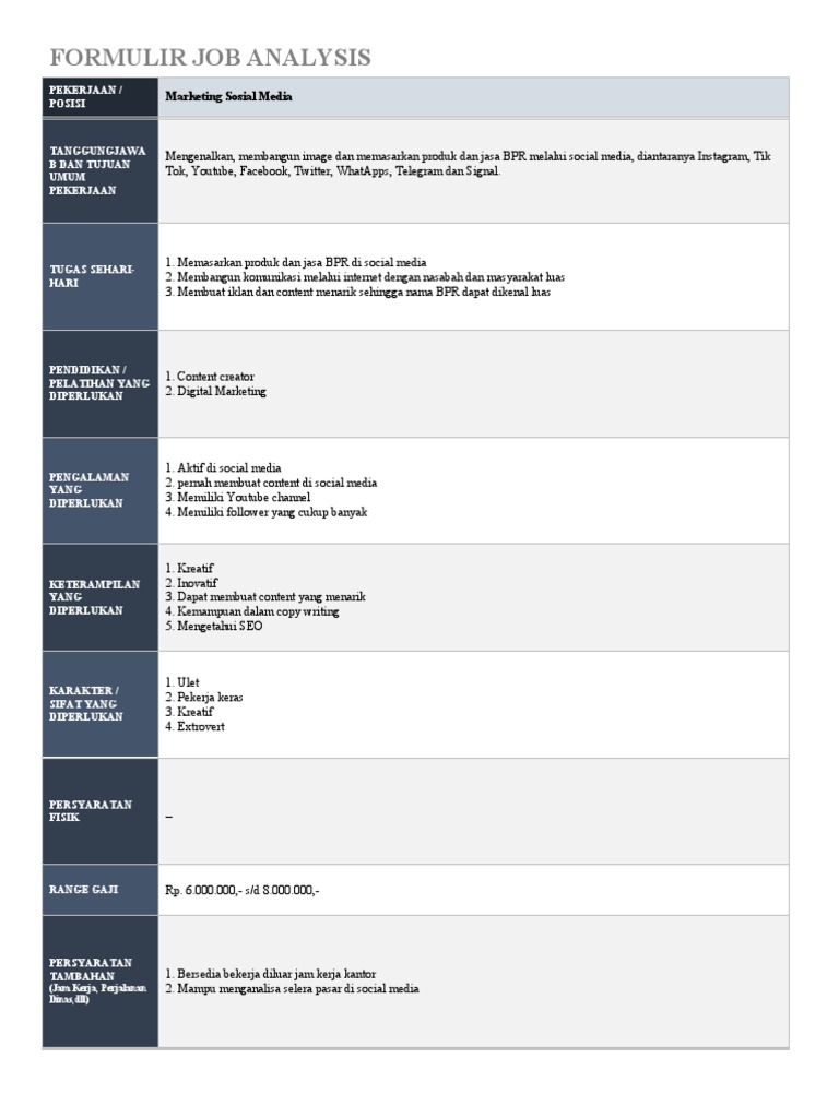 ANALISIS - Form Job Analysis - Job Specification - Job Description | PDF