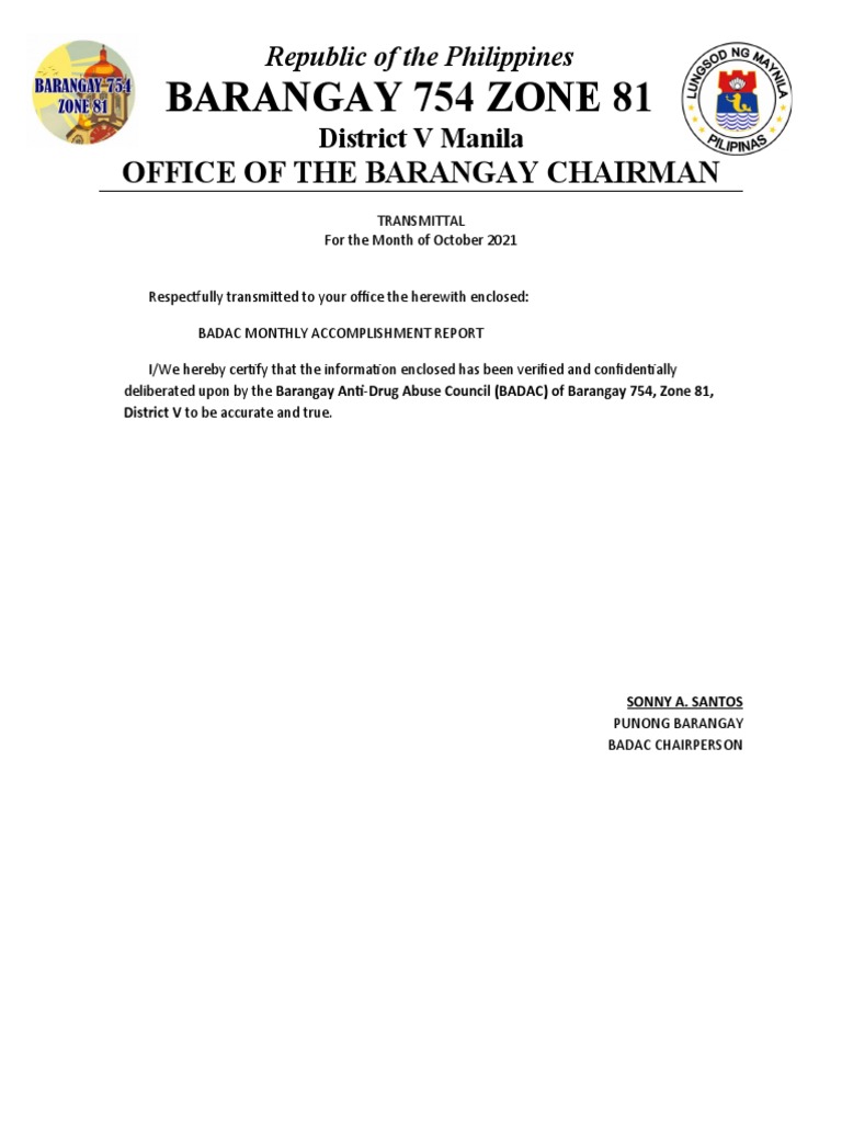 Badac Monthly Accomplishment Report Transmittal October | PDF