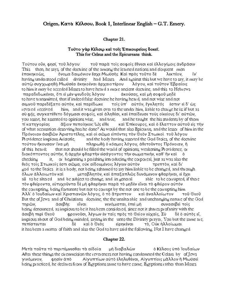 Origen, Κατ Κέλσου, Book 1, Interlinear English - G.T. Emery | PDF