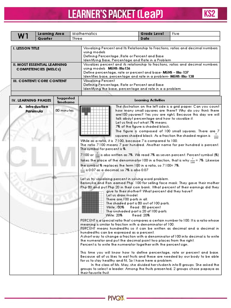 LeaP Math G5 Week 1 Q3 | PDF | Percentage | Ratio