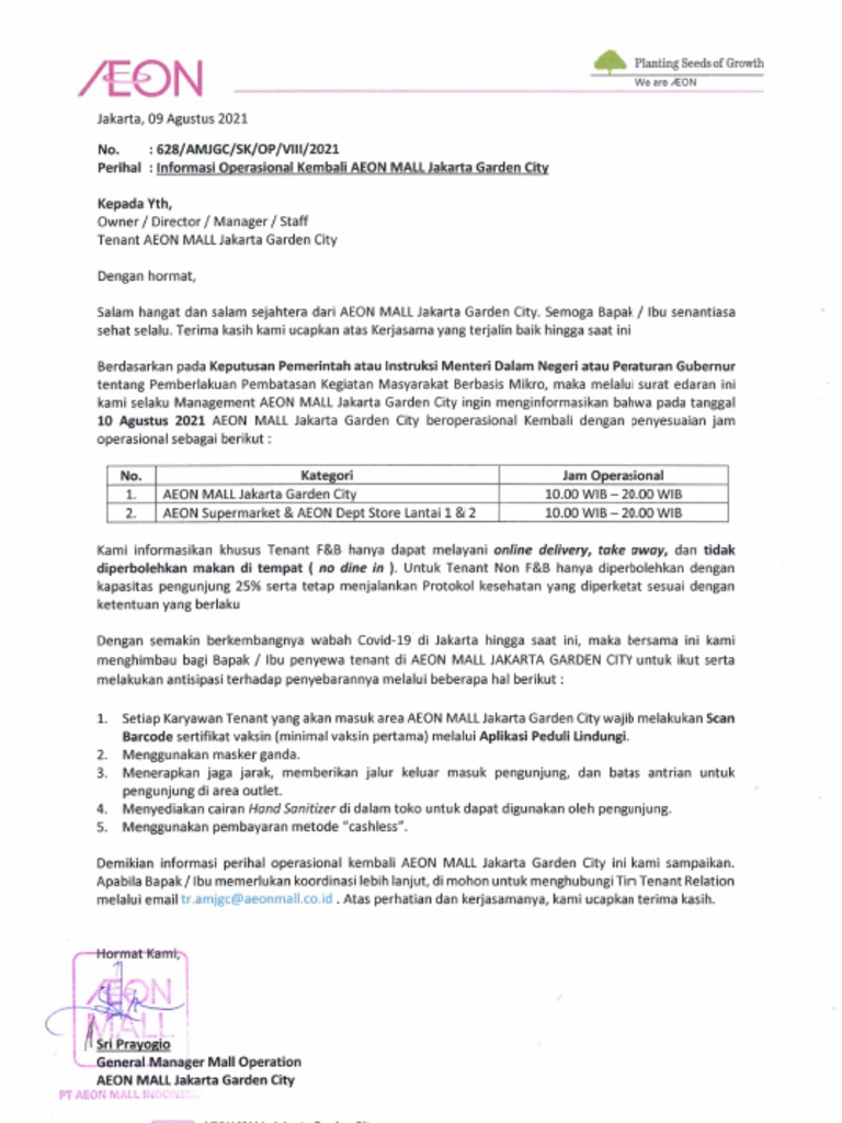 628 2021 - Surat Informasi Operasional Kembali AEON MALL Jakarta Garden ...