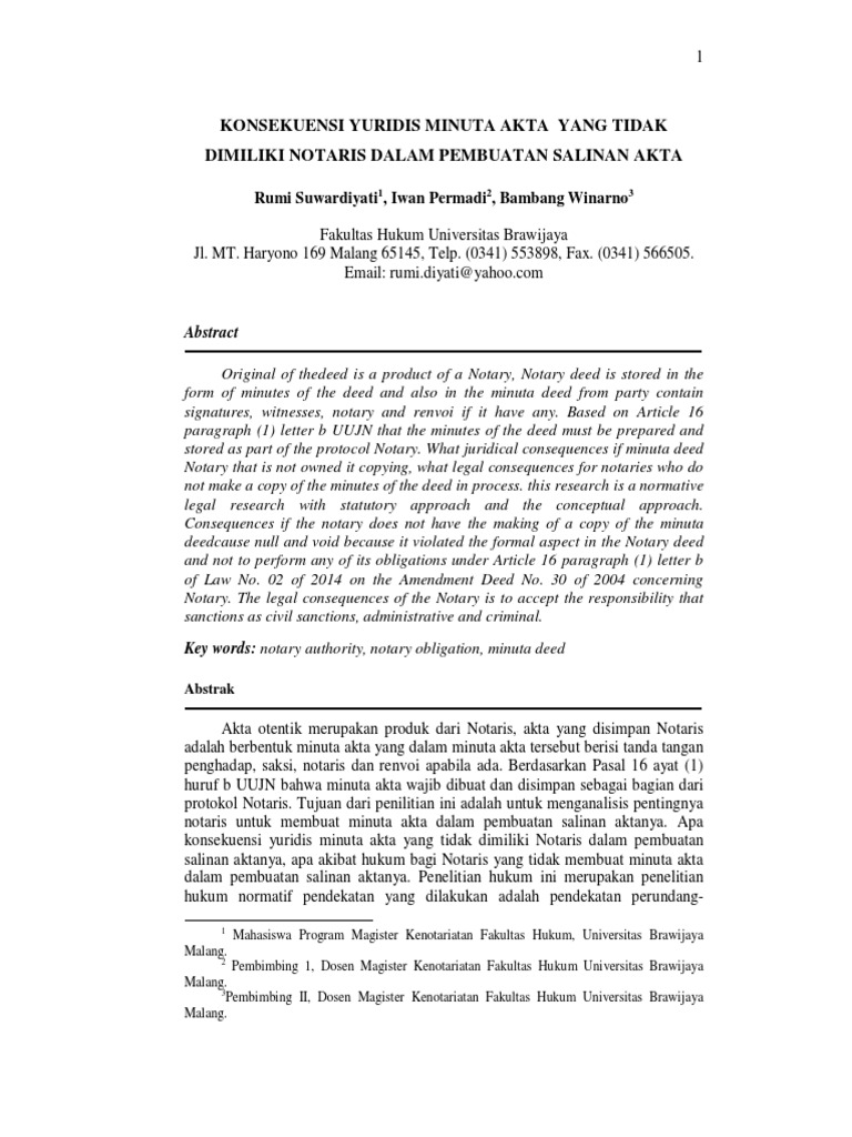 Konsekuensi Yuridis Minuta Akta Yang Tidak Dimiliki Notaris Dalam Pembuatan Sali | PDF