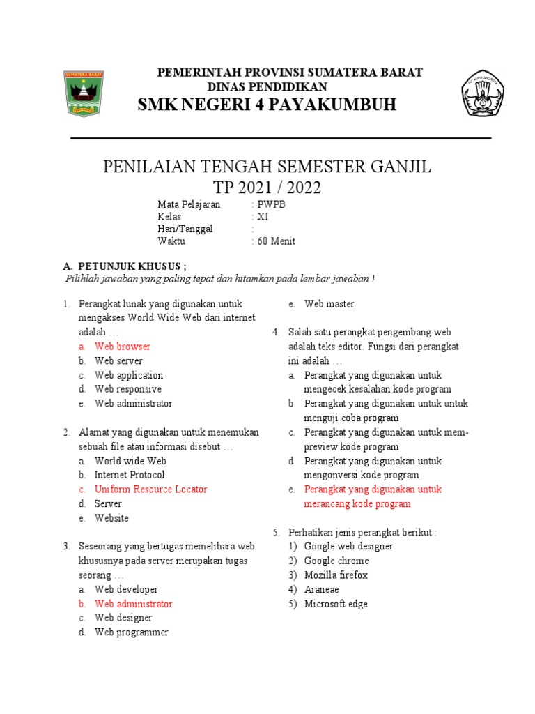 Soal PWPB Kelas Xi Mid | PDF
