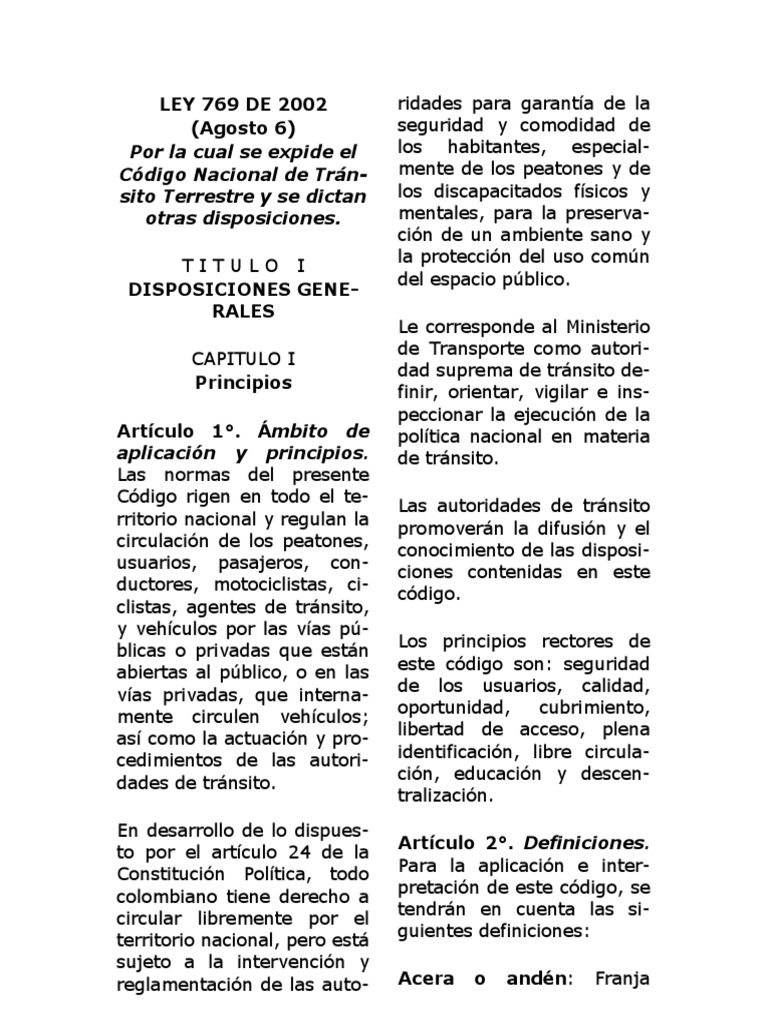 Ley-769-De-2002 Codigo Nacional de Transito Terrestre | PDF | Negocios ...