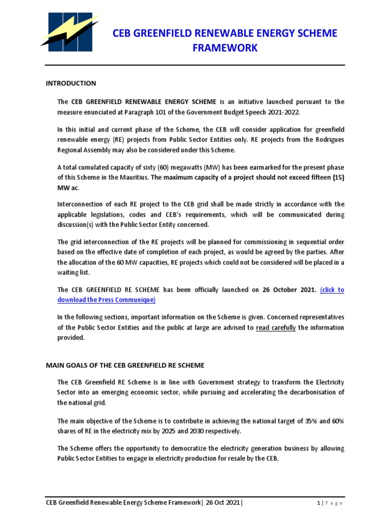 2021-10-25 CEB Greenfield Renewable Energy Scheme Framework | PDF ...