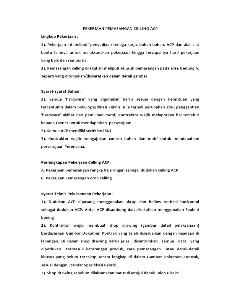 RKS Ded Pekerjaan Pemasangan Celling Acp | PDF