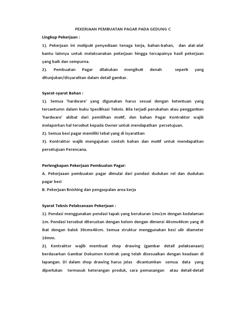 RKS Ded Pekerjaan Pembuatan Pagar | PDF