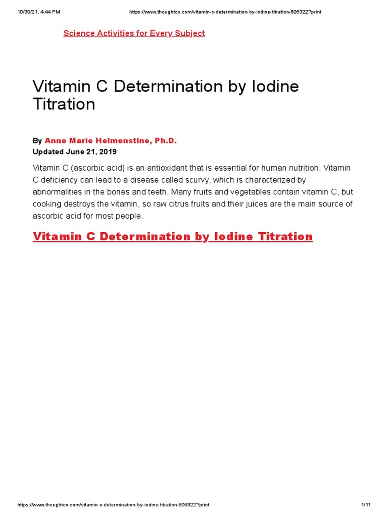 Vitamin C Determination by Iodine Titration 606322 | PDF | Chemistry ...