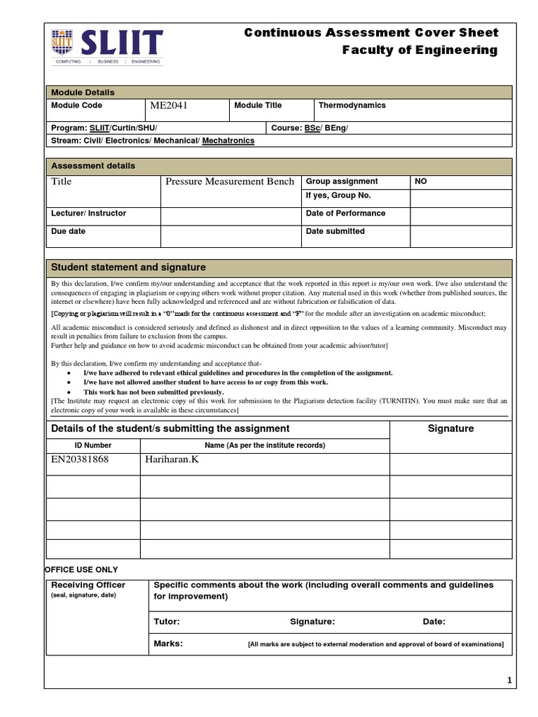 Continuous Assessment Cover Sheet Faculty of Engineering: Student ...