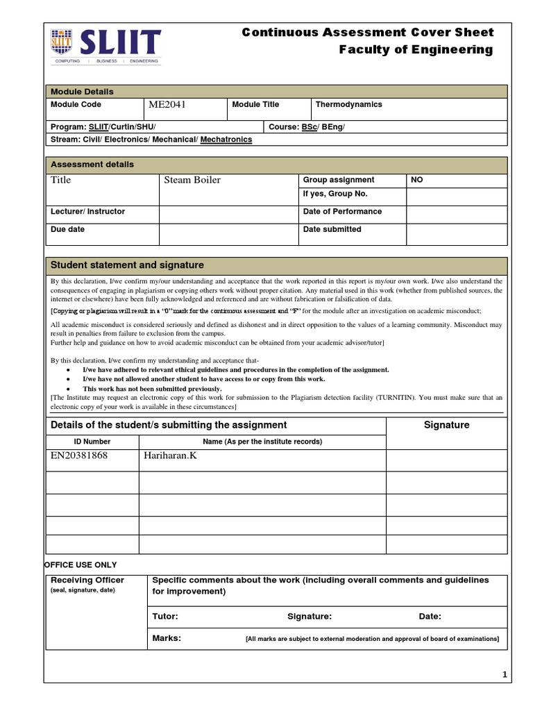 Continuous Assessment Cover Sheet Faculty of Engineering: Student ...