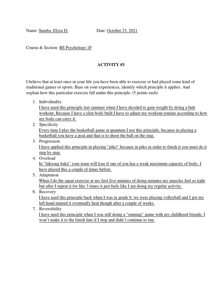 PATHFit 1 - Activity - Principles of Exercise | PDF | Self-Improvement