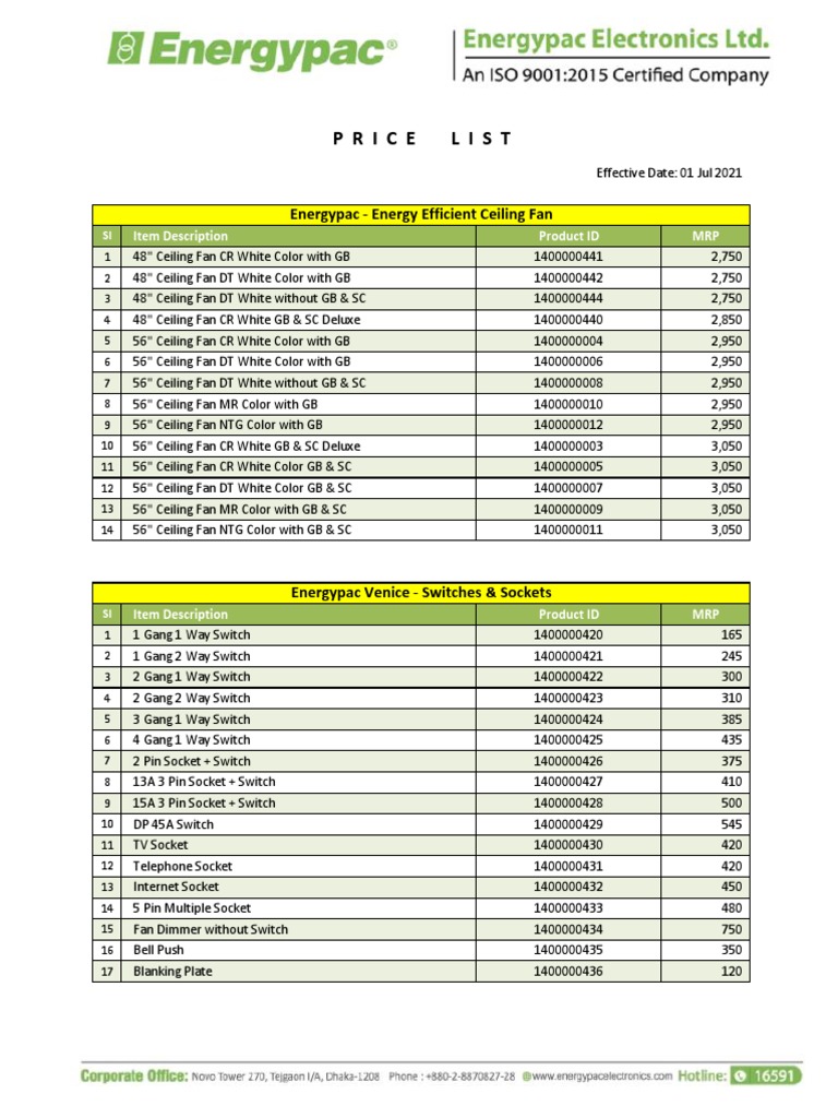 Energypac Electronics Ltd. - Price List July 2021 | PDF | Ac Power ...