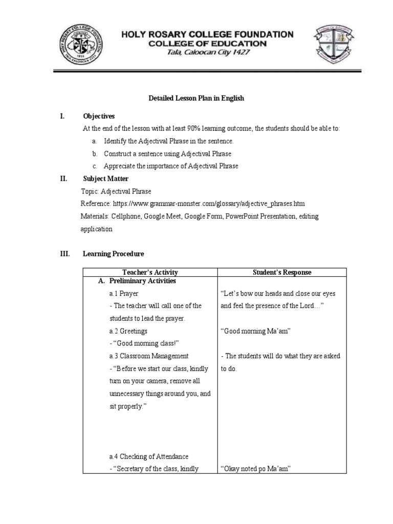 Lesson Plan: Adjectival Phrases | PDF | Adjective | Cognitive Science