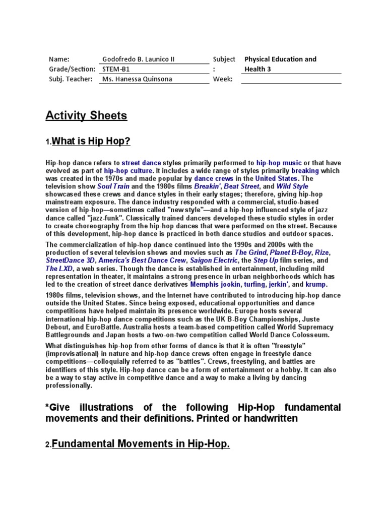 Activity Sheets: What Is Hip Hop? | PDF | Popular Music | Hip Hop