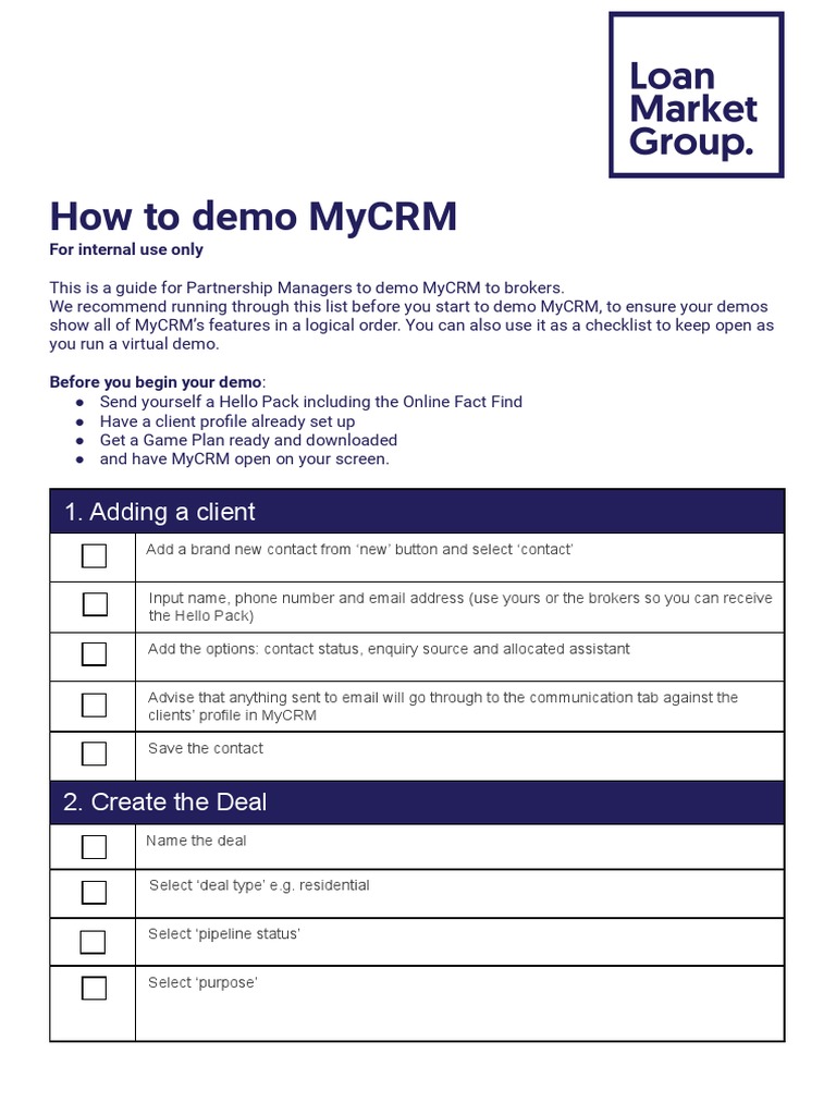 MyCRM Demo Checklist Editable | PDF | Loans | Computing