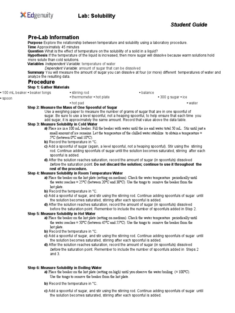 Solubility Lab-Student-Guide | PDF | Solubility | Solution