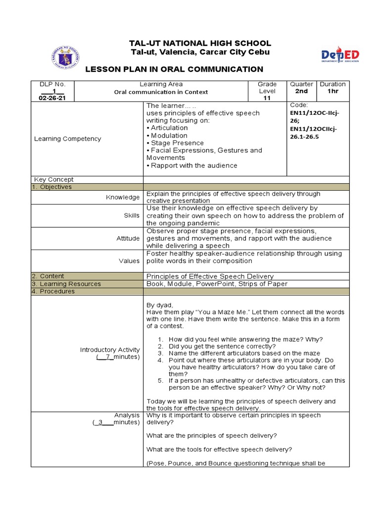 Lesson Plan in Oral Com - Edited | PDF | Speech | Learning