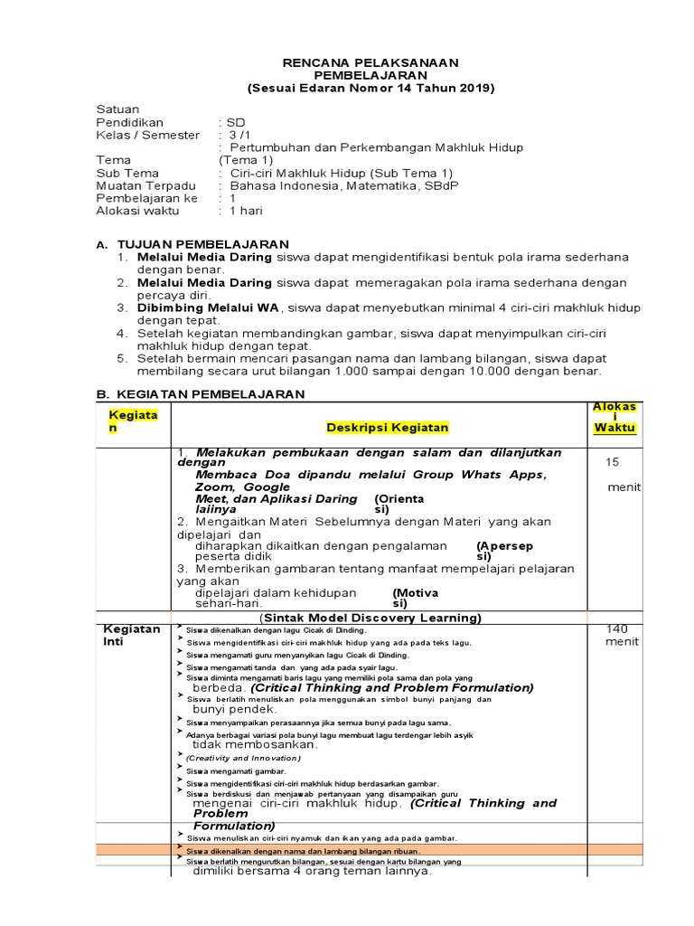 RPP Kelas 3 Tema 1 Sub Tema 1 PB 1 | PDF