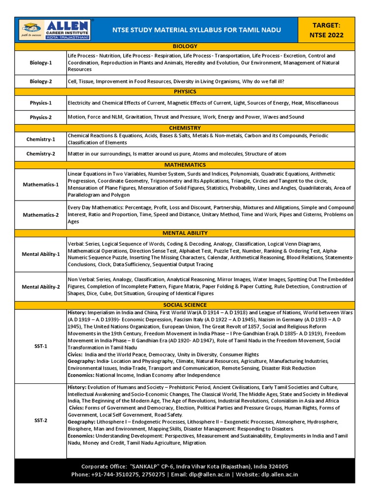 NTSE 2022 Tamil Nadu Syllabus | PDF | Chemical Substances | Life