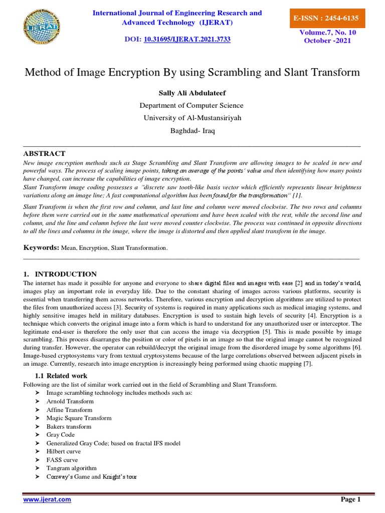 Method Of Image Encryption By Using Scrambling And Slant Transform Pdf Encryption Matrix
