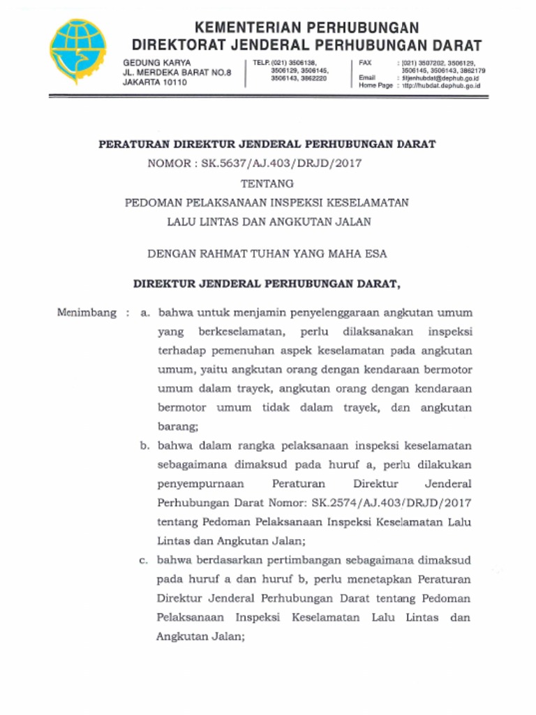 SK.5637-AJ.403-DRJD-2017 Pedoman Inspeksi Keselamatan LLAJ | PDF SK.5637-AJ.403-DRJD-2017 Pedoman Inspeksi Keselamatan LLAJ | PDF
