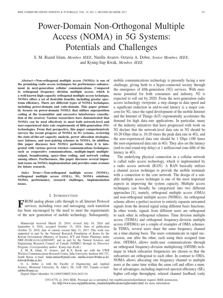 Power - Domain Non - Orthogonal Multiple Access (NOMA) in 5G Systems Potentials and Challenges ...