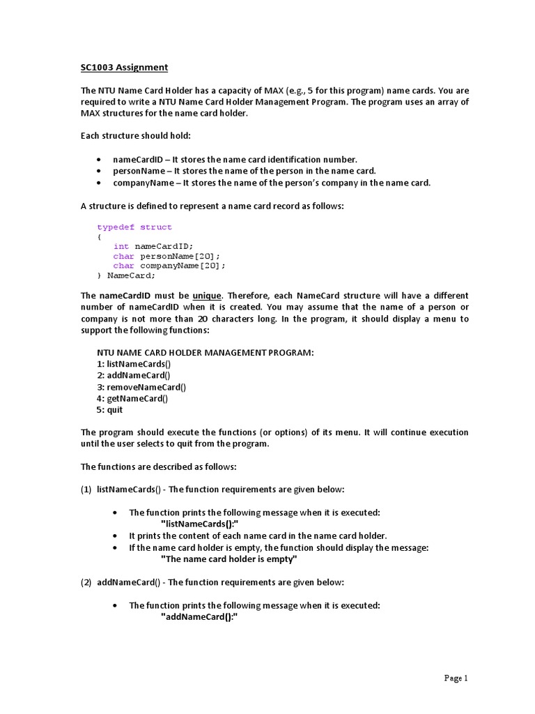 Sc1003 Assignment Typedef Struct Int Char Char Pdf Computer 6993