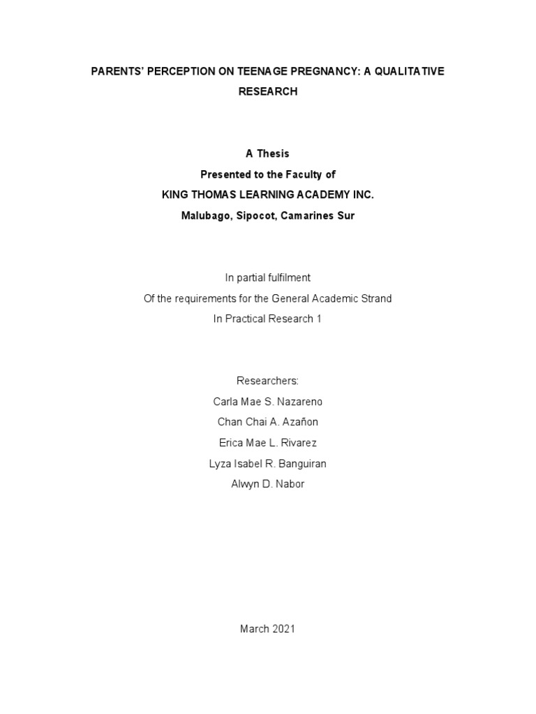 Parents' Perception On Teenage Pregnancy: A Qualitative Research | PDF ...