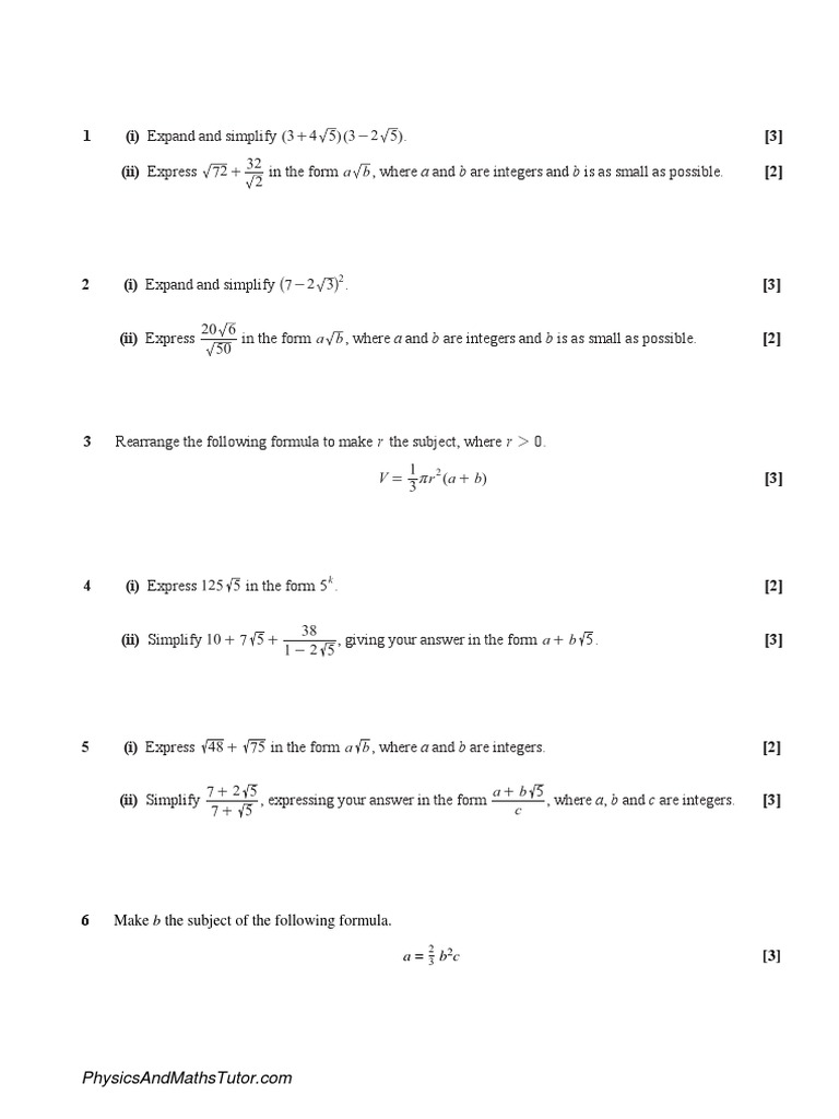 C1 Algebra - Surds QP | PDF | Number Theory | Geometry