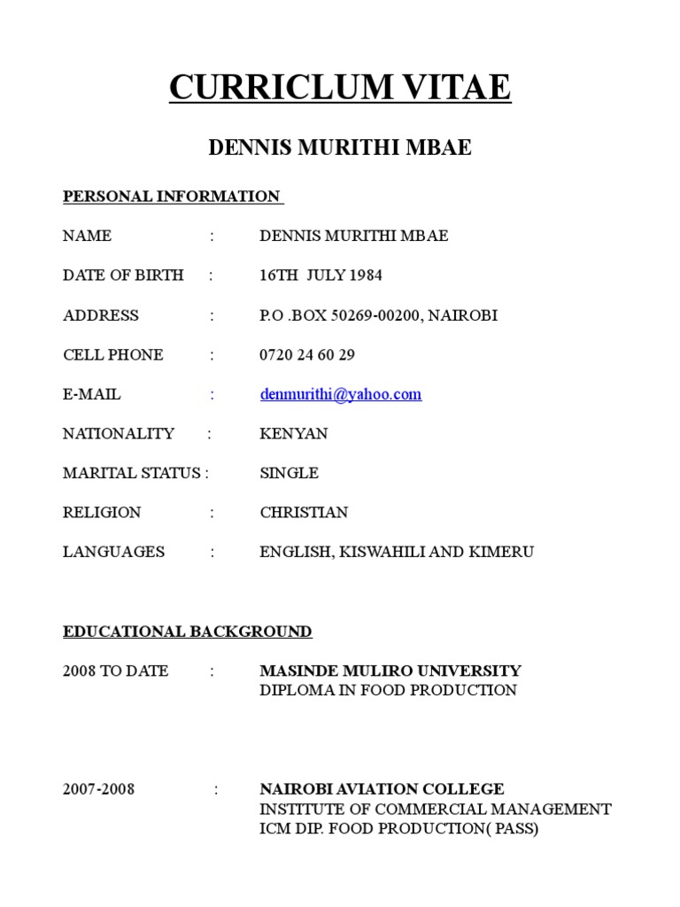 Curriclum Vitae: Dennis Murithi Mbae | Download Free PDF | Foods