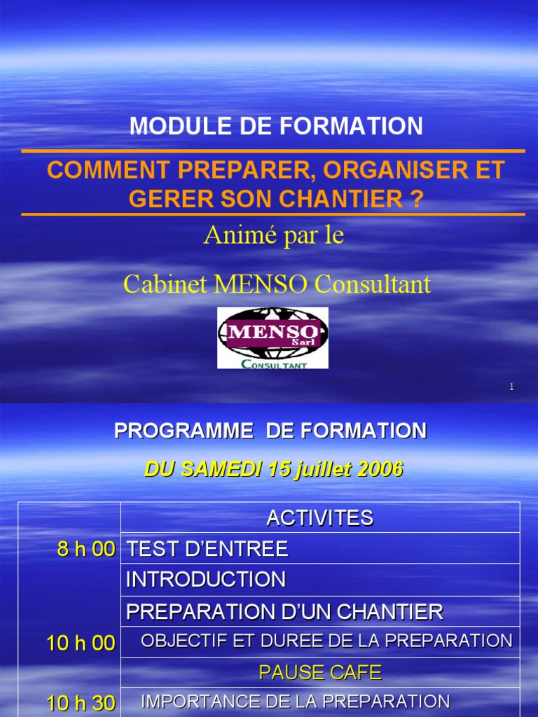 Formation: Gérer et Organiser un Chantier | PDF | Entrepreneur ...