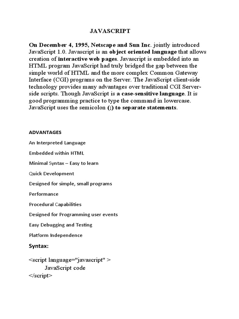 Javascript On December 4, 1995, Netscape and Sun Inc. Jointly ... Javascript On December 4, 1995, Netscape and Sun Inc. Jointly ...