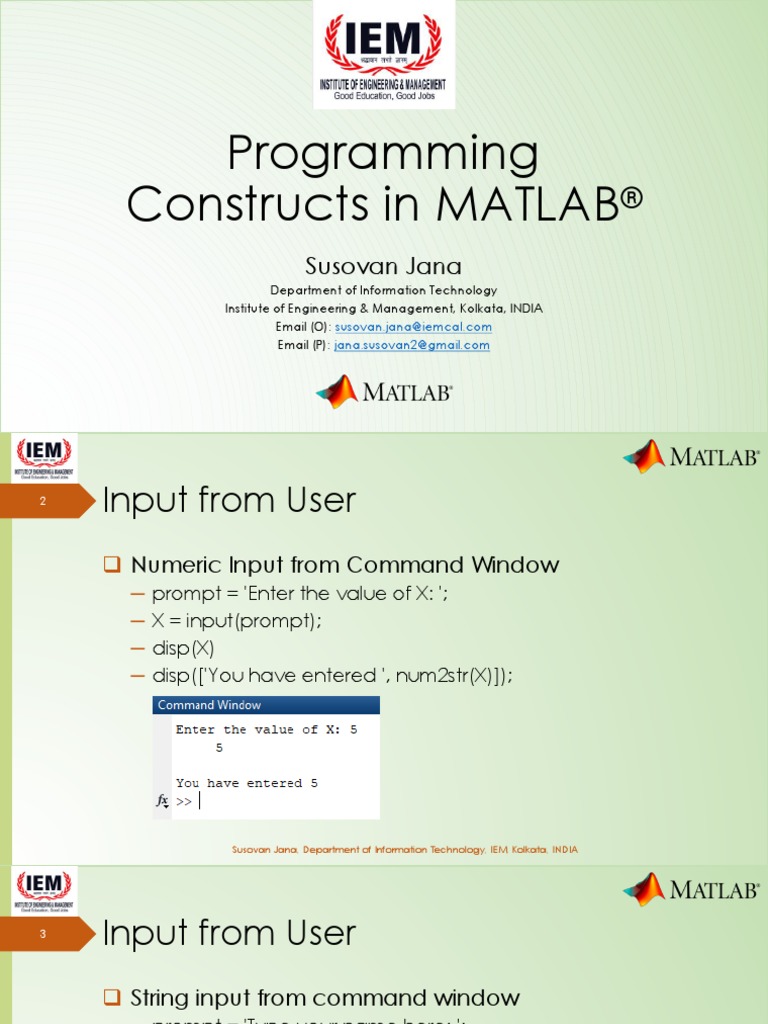 Programming Constructs in MATLAB: Susovan Jana | PDF | Control Flow ...