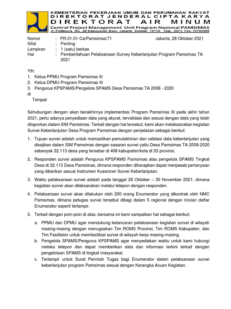 Surat CPMU - Pemberitahuan Pelaksanaan Survey Keberlanjutan Program Pamsimas TA 2021 | PDF