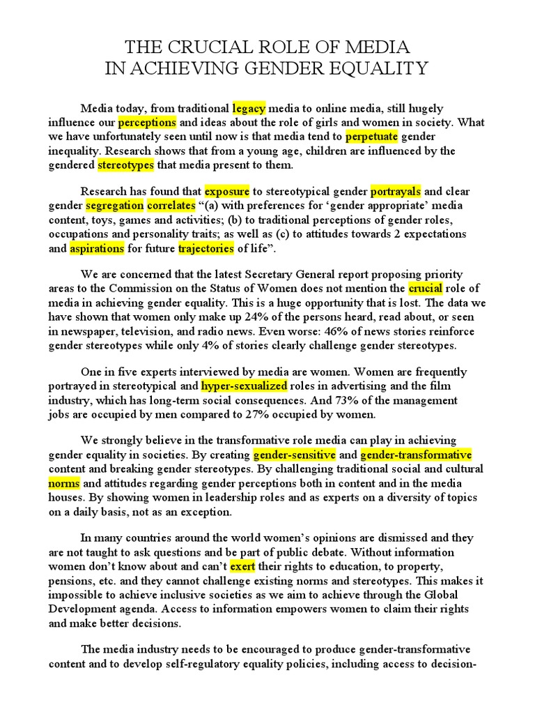 The Crucial Role of Media in Achieving Gender Equality | PDF | Gender ...