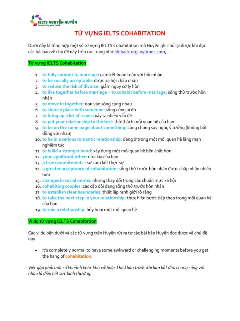 Tu Vung Ielts Cohabitation Ielts Nguyenhuyen | PDF