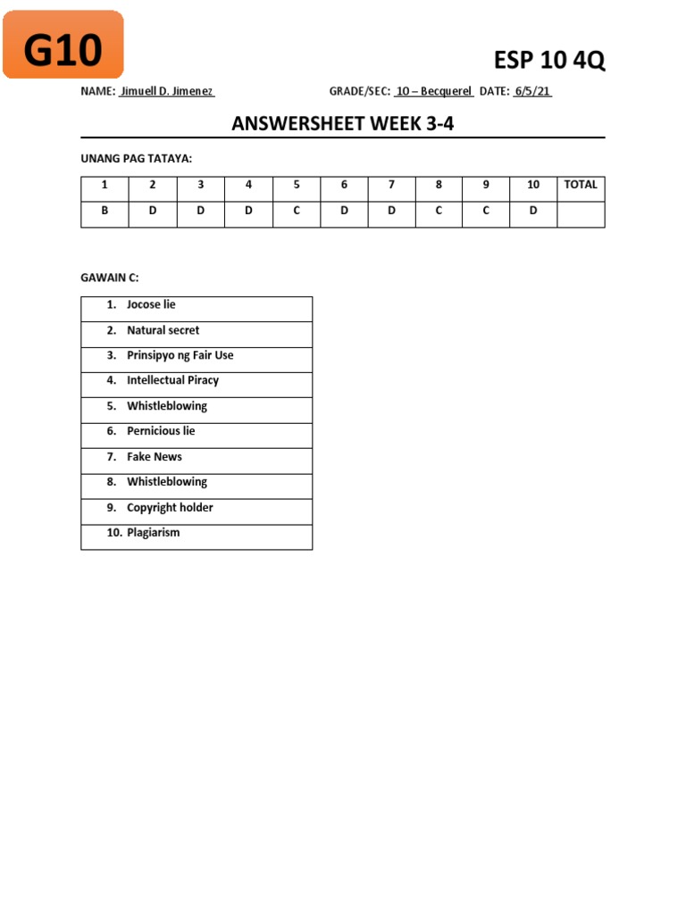 Es P10 QTR 4 Mod 2 ANSWERSHEET | PDF