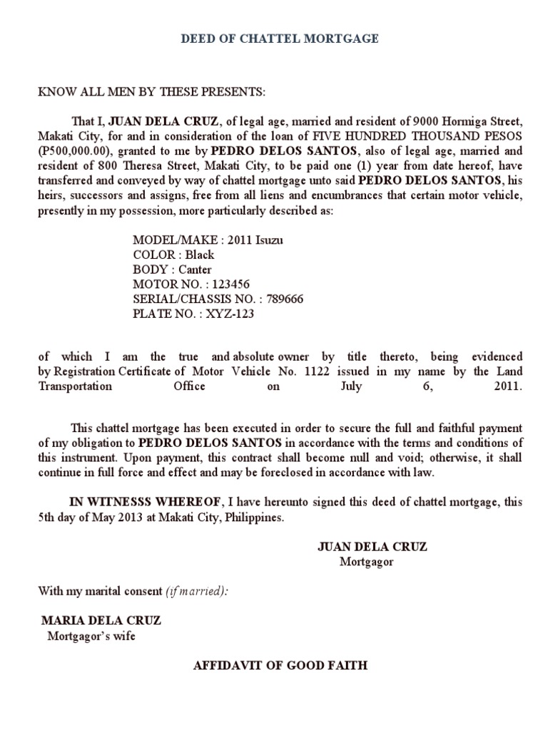 Chattel Mortgage Agreement Sample | PDF | Mortgage Law | Business Law