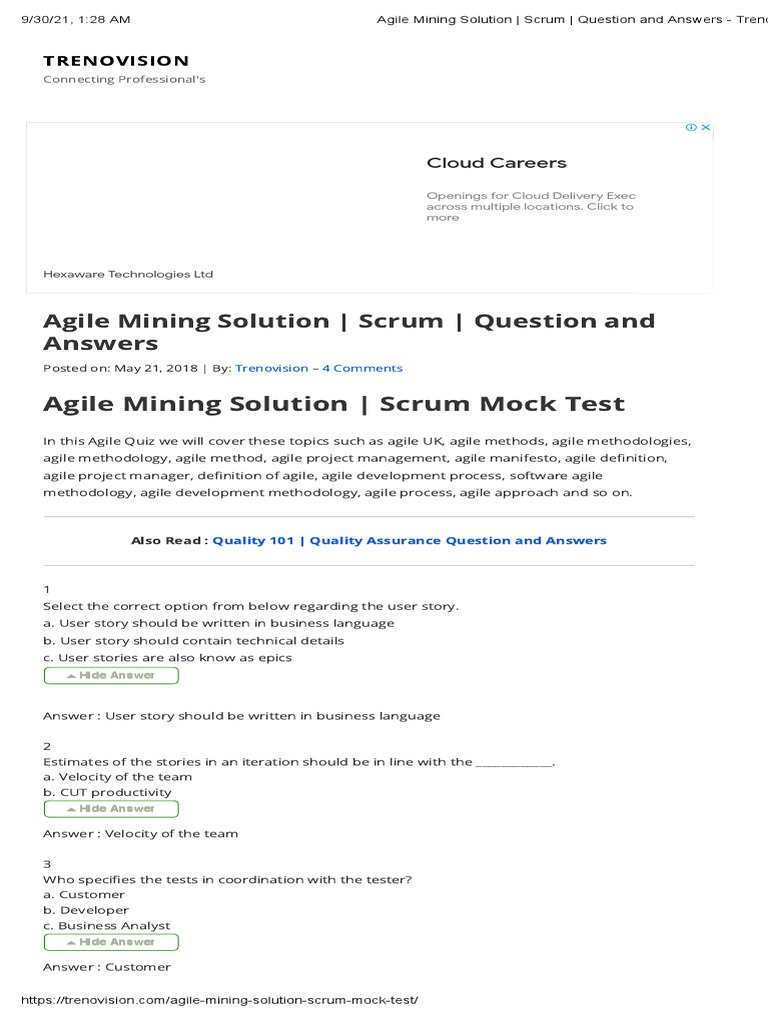 Agile Mining Solution - Scrum Mock Test | PDF | Agile Software ...