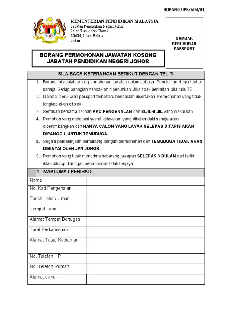 Borang Jawatan Kosong Jpn Johor Pdf