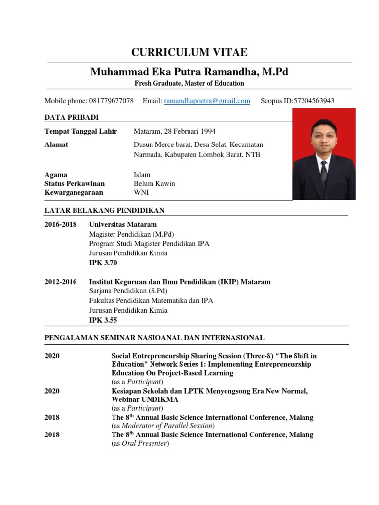 Curriculum Vitae Muhammad Eka Putra Ramandha, M.PD: Fresh Graduate, Master of Education | PDF ...