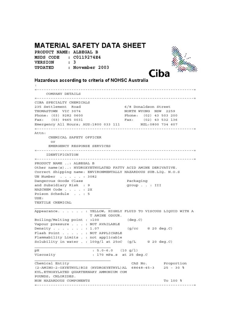 Albegal B Msds | PDF | Dangerous Goods | Toxicity