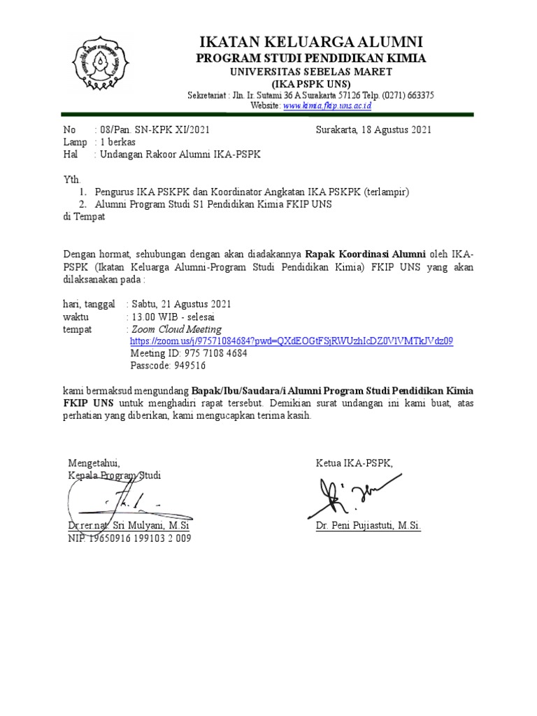 Surat Undangan Rakor Alumni - IKA-PSPK - 21 Agt 2021 | PDF
