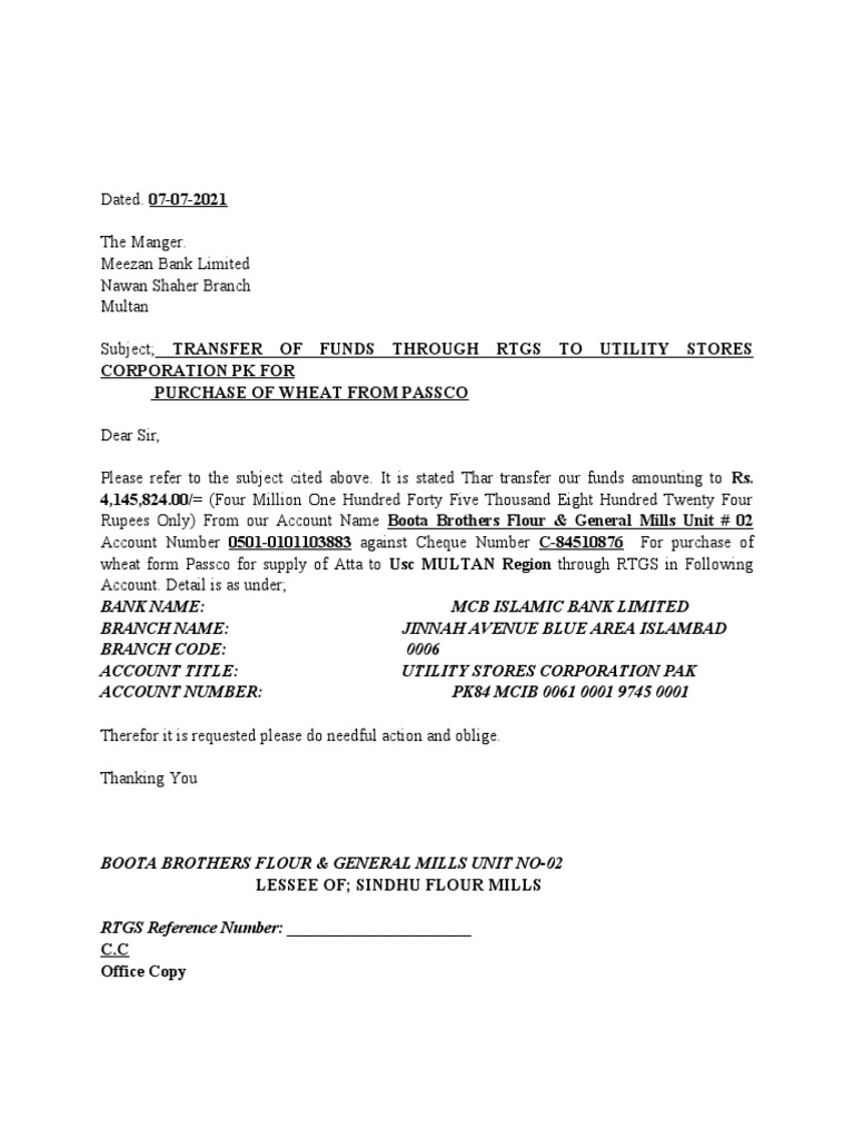 RTGS Fund Transfer for Wheat Purchase | PDF | Banking | Flour