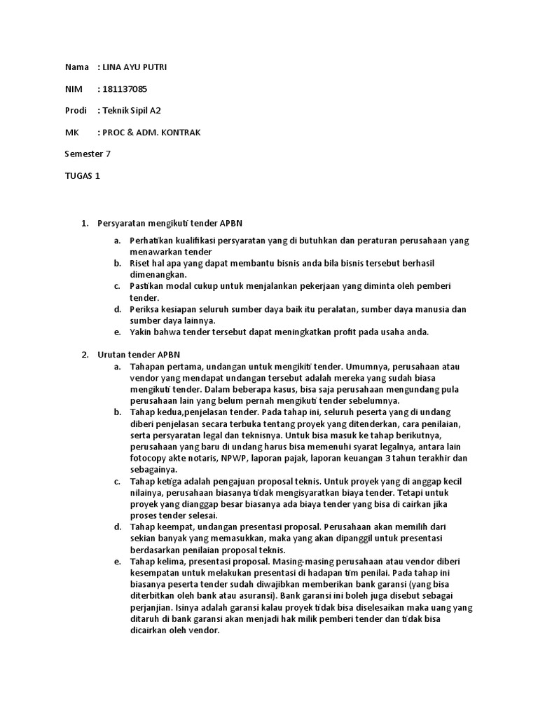 Tugas 1 Lina Ayu Putri 181137085 - Proct & ADM Kontrak | PDF