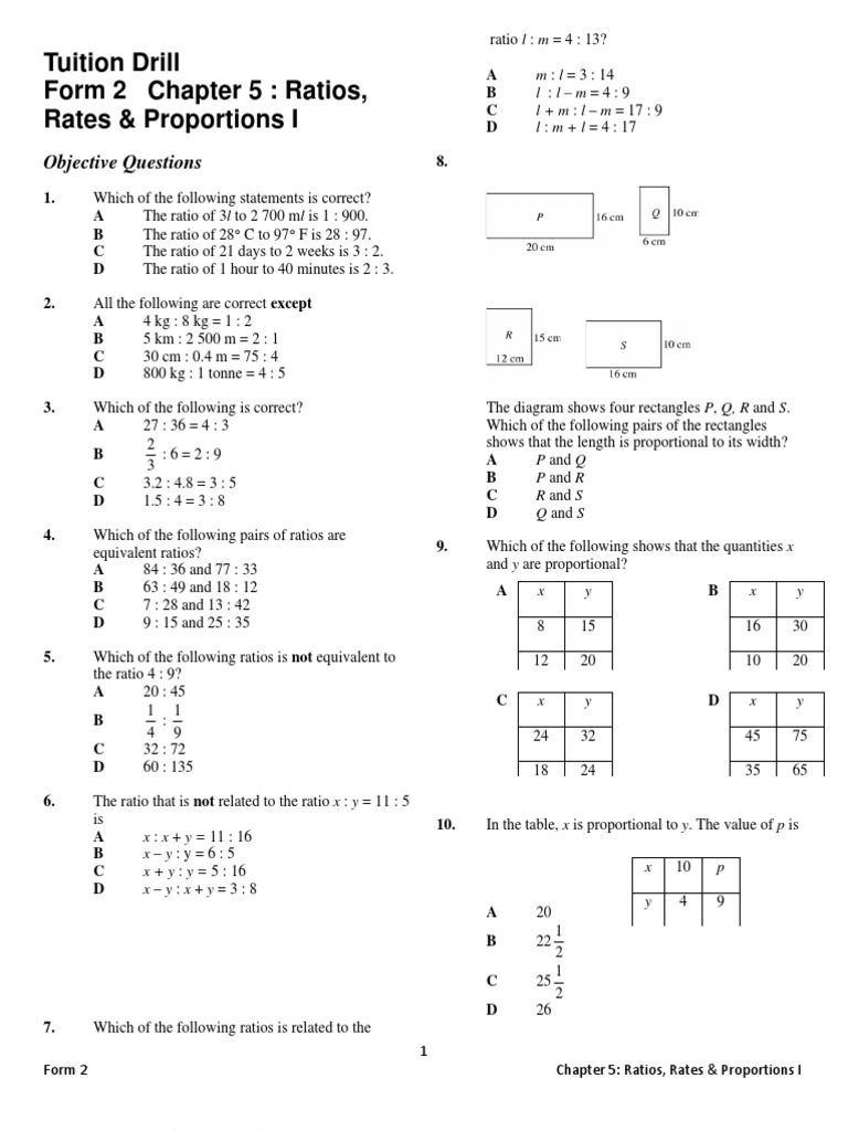 Form 2 Ratios and Proportions Review | PDF | Ratio | Litre