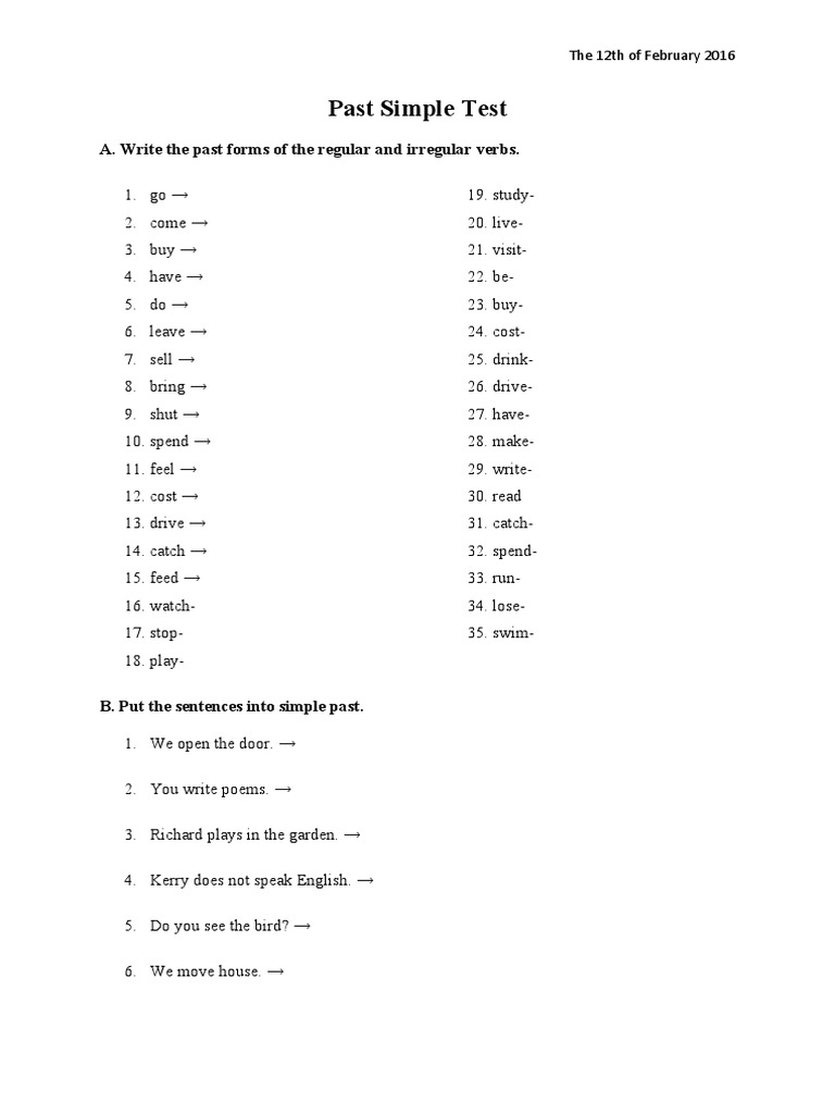Past Simple Test: A. Write The Past Forms of The Regular and Irregular ...